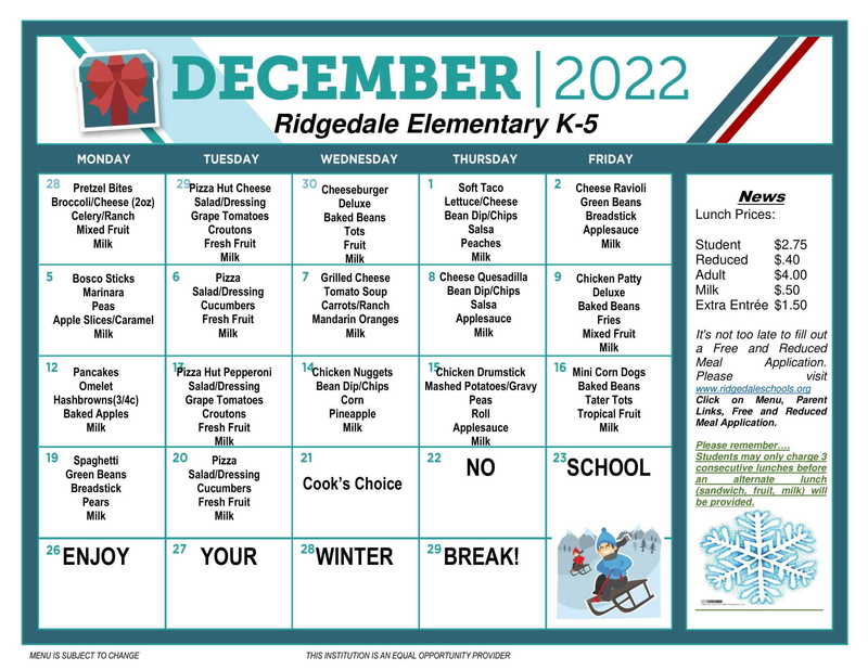December Lunch Menus | Ridgedale Local School District