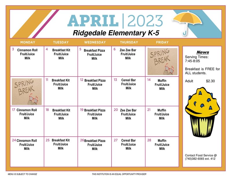 April Lunch Menus | Ridgedale Local School District