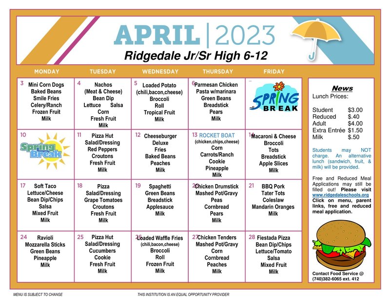 April Lunch Menus | Ridgedale Local School District